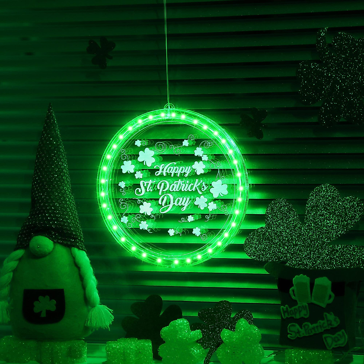 Enhon St. Patrick's Day Clover Window Light Decoration, Backdrop Decorative Saint Patrick Green Light for Windows Pathway Patio Bedroom Party Holiday Wall Decor (Word Style)