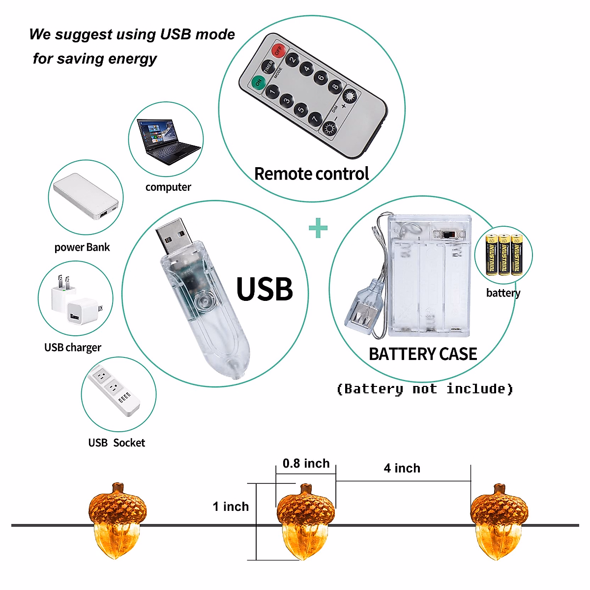 3D Acorn Fall Decorations String Lights, Full Size Acorn Christmas Theme 10 feet 30 LEDs 8 Twinkle Modes with Remote for Autumn Harvest Kitchen Baby Shower Thanksgiving Party Home Garden Wreath