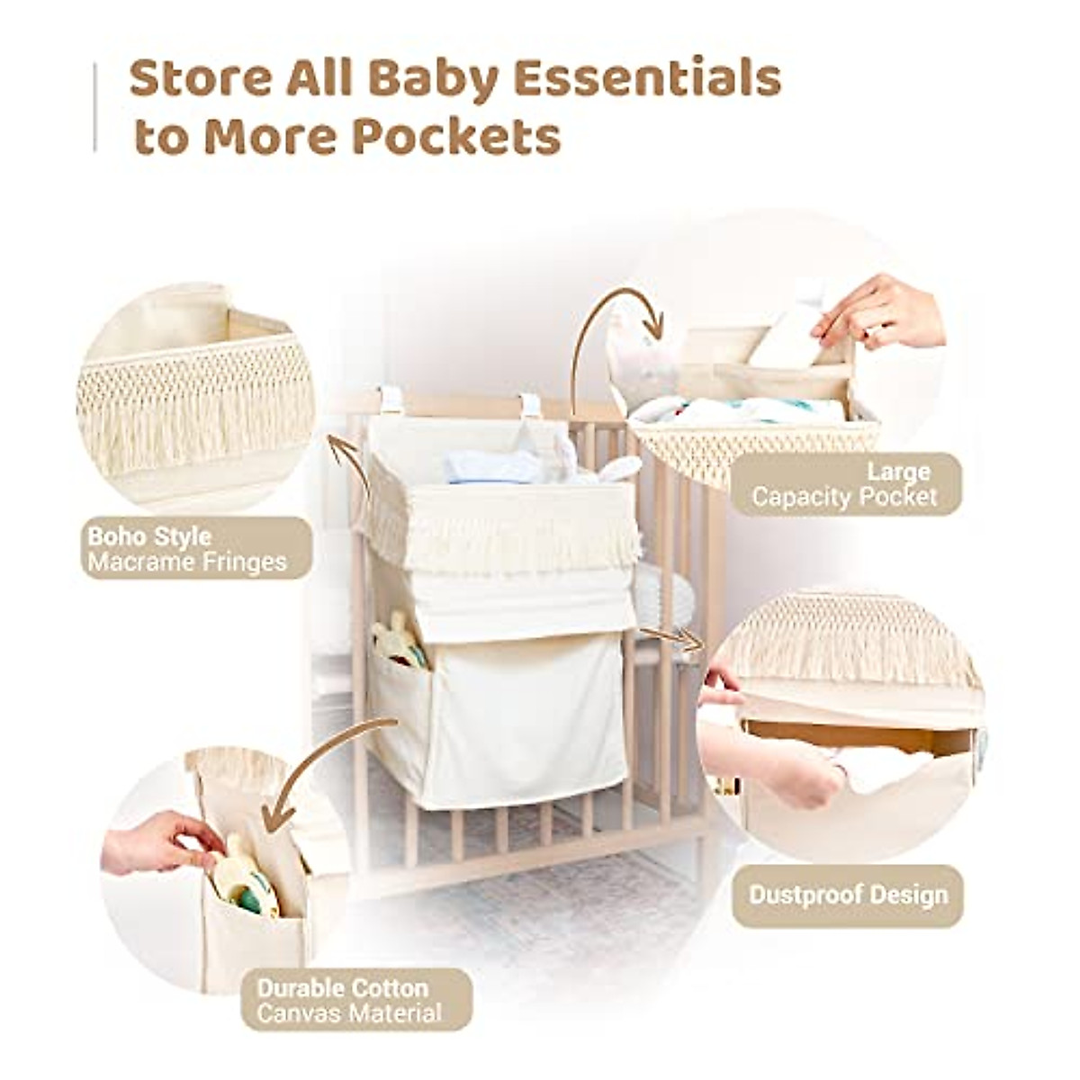Mkono Diaper Organizer Caddy Macrame Hanging Baby Diaper Storage for Crib Changing Table Essentials Bag Boho Decor Diaper Stacker Holder for Nursery Bedroom, Newborn Gift, Ivory
