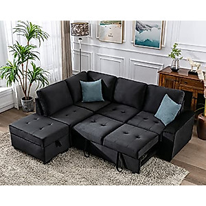 UBGO Sectional Modern L Shape Corner Convertible Sleeper Combination Sofa Bed Ottoman and Storage Hidden Arms Pull Out Sheet for Living Room Apartment, Black G