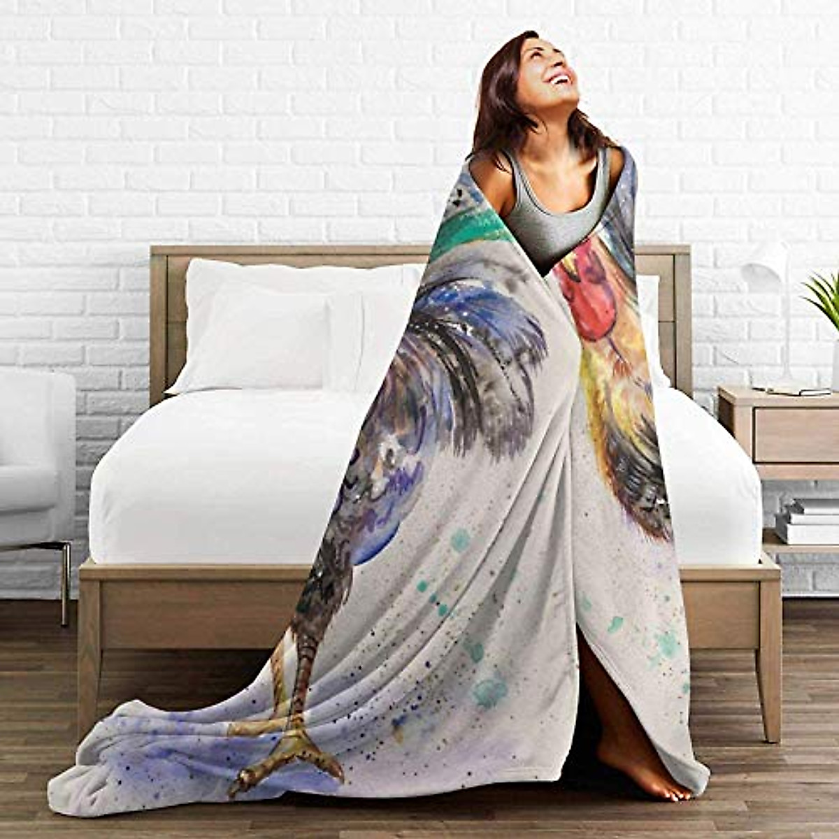 Watercolor Rooster Coloful Chicken Soft Throw Blanket All Season Microplush Warm Blankets Lightweight Tufted Fuzzy Flannel Fleece Throws Blanket for Bed Sofa Couch 50"x40"