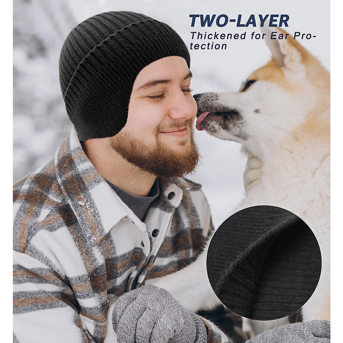 HiRui Knitted Beanie Hats Winter Hats Ear Covers for Men Women Kids Warm Slouchy (Black)