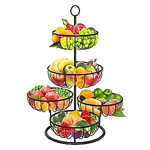 5 Tier Fruit Basket for Kitchen Counter, Large Capacity Metal Wire Countertop Fruit Bowl Vegetables Storage, Detachable Snacks Stand Holder Organizer for Onions Potatoes Produce, Black