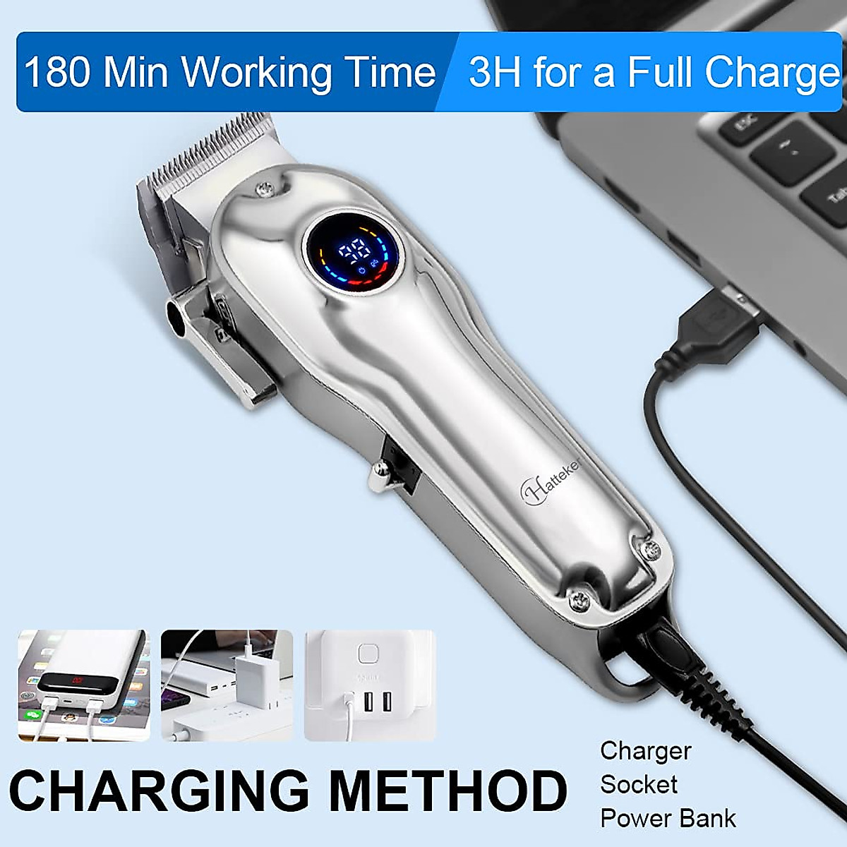 Hatteker Hair Clippers for Men Professional, Cordless Barber Clippers for Hair Cutting and Grooming, Upgrade Rechargeable Beard Trimmer Large Smart LED Display & IPX7 Waterproof (Silver)