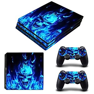 FOTTCZ Vinyl Skin for PS4 Pro Console & Controllers Only, Sticker Decorate and Protect Equipment Surface, Blue Flame Evil Spirit