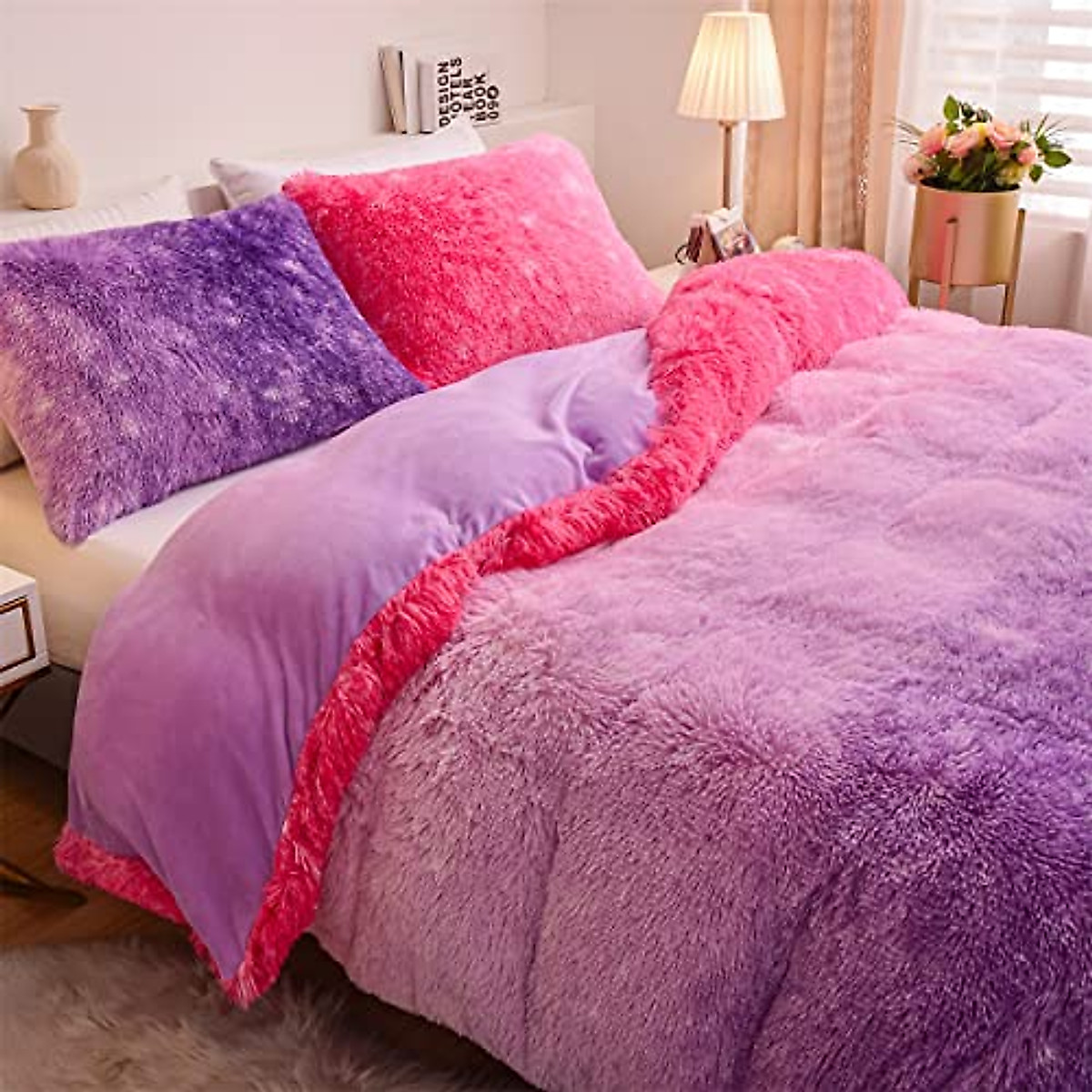 Holawakaka Pink Purple Ombre Stars Shaggy Fuzzy Duvet Cover Set Queen Size Faux Fur Bedding Sets (Pink Purple, Queen)