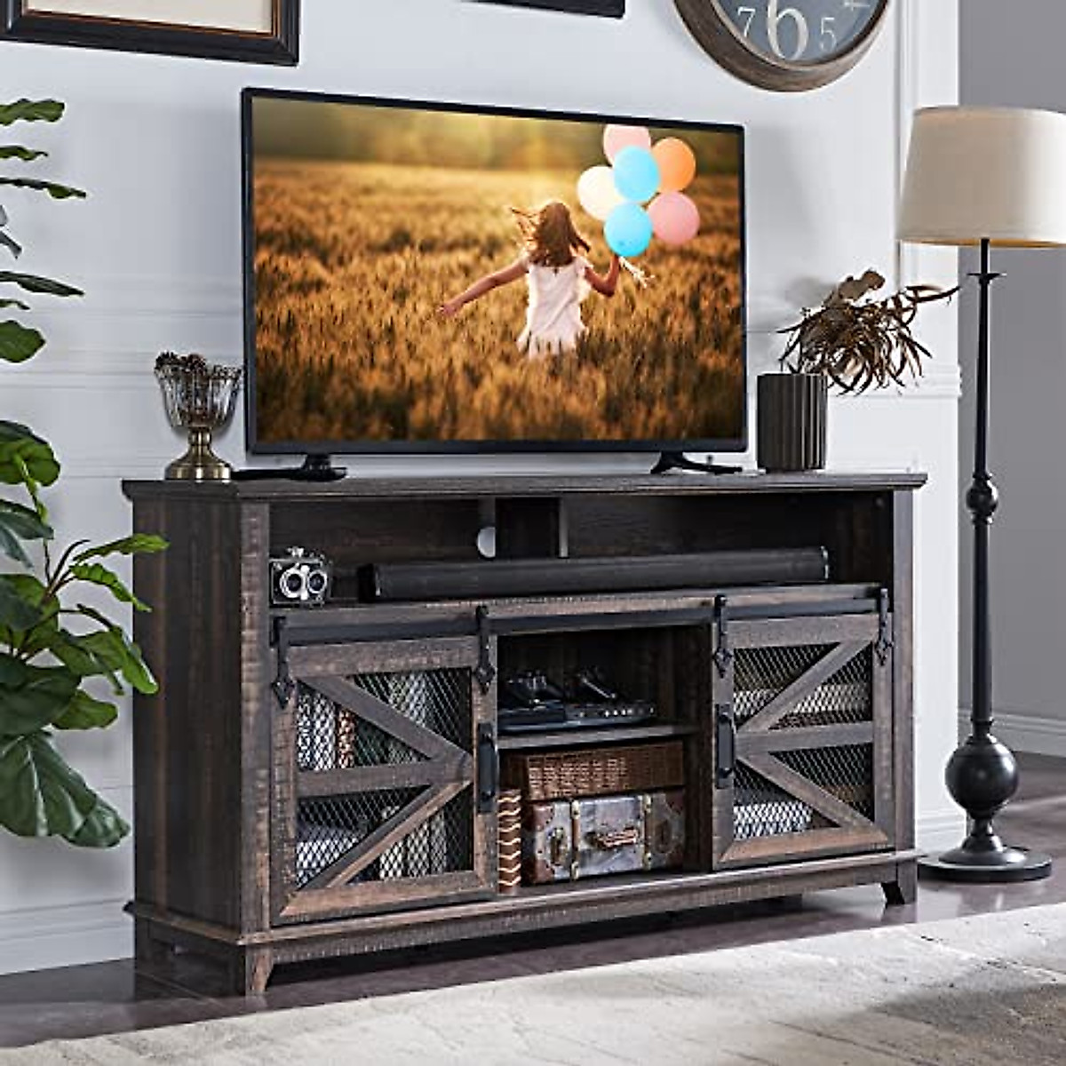 OKD Farmhouse TV Stand for 65+ Inch TV, Industrial & Farmhouse Media Entertainment Center w/Sliding Barn Door, Rustic TV Console Cabinet w/Adjustable Shelves for Living Room, Dark Rustic Oak