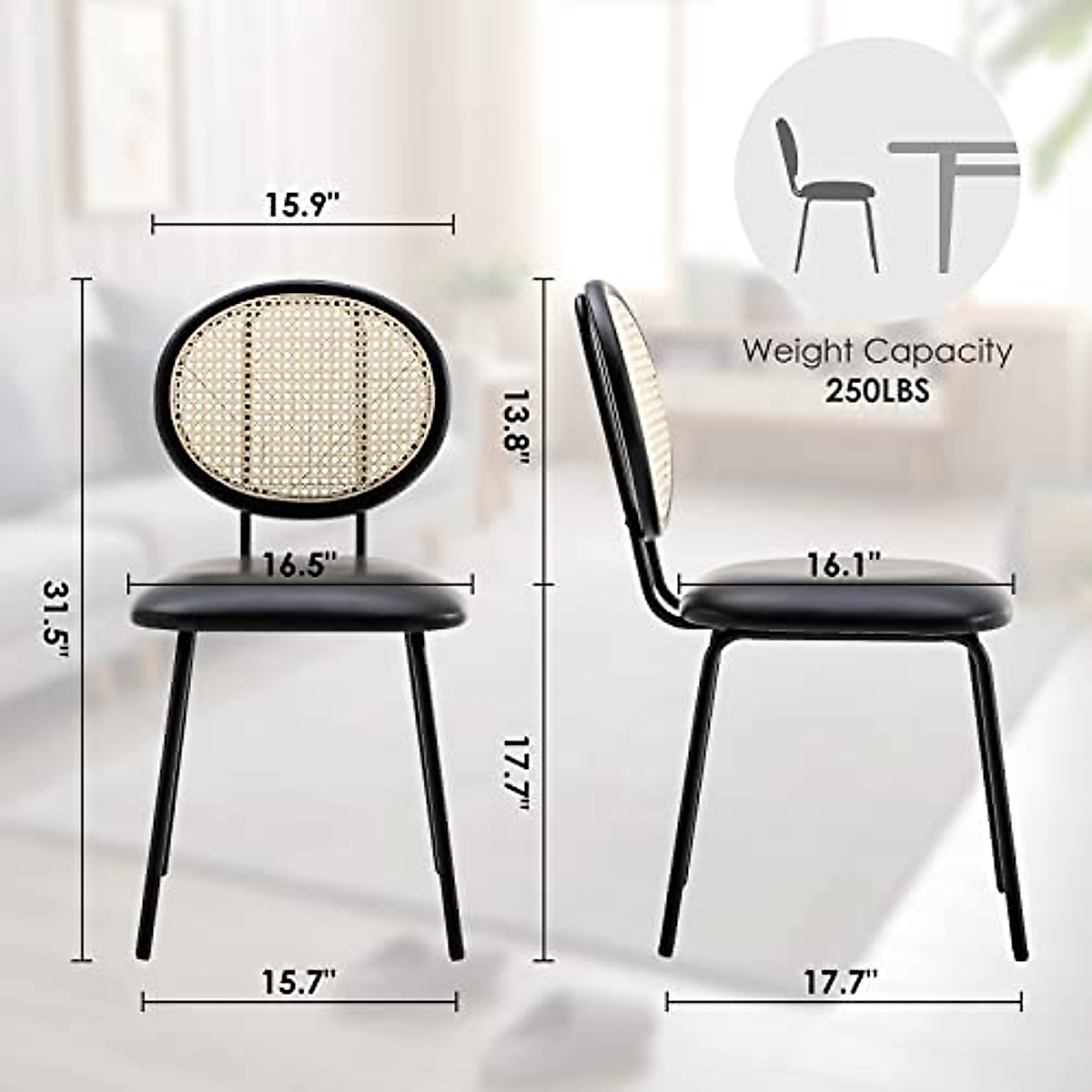 Jaxsen Faux Leather Indoor Kitchen Dining Chairs Set of 4 with Rattan Backrest, Modern Industrial Upholstered Chairs mid Century Metal Dining Chair Suitable for Dining Room Wine Coffee Bar, Black,18"