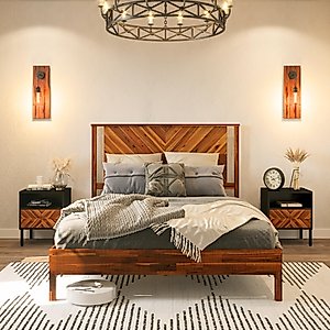Bme Vivian 14 Inch Deluxe Bed Frame with Headboard, Rustic & Scandinavian Style with Solid Acacia Wood, No Box Spring Needed, 12 Strong Wood Slat Support, Easy Assembly, Queen, Rustic Golden Brown