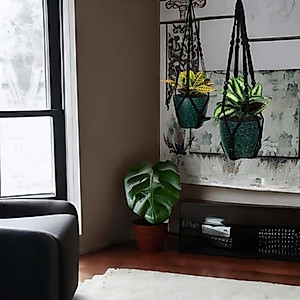 Self Watering Hanging Planters & Macrame Plant Hangers Plastic Flower Pots with Cotton Rope Hanging Baskets for Indoor Outdoor Boho Home Decor Black Green Speckled Set of 3