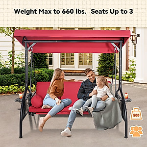 QUYZE 2 in 1 Outdoor Porch Swing, Outdoor Swing with Canopy, 3-seat Porch Swing with Stand Convertible Backrest Swing Bed w/Cup Holders for Front Porch Lawn Cushion and Pillows Included, Wine Red