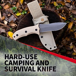Off-Grid Knives - Backcountry Coyote V2 Fixed Blade - Cryo D2 Steel Knife with Graywash Finish, Full Tang, Coyote Tan G10 Scales, Kydex Sheath, Bushcraft, Hunting, Survival, Camping, Tactical Use