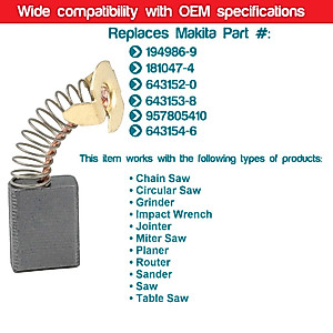 CB154 Carbon Brush Replacement Part Exact Fit for Makita Most Types of Products(Chain Saw, Circular Saw, Grinder, Miter Saw, etc)Replaces 194986-9 181047-4 643152-0 643153-8 957805410 643154-6 (4Pack)
