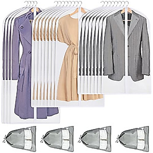 Shappy 20 Pcs Clear Garment Bag for Clothes Hanging Suit Bags Storage Lightweight PEVA Dust Cover Breathable Full Zipper Closet with 4 Drawstring Travel Shoe Organizer