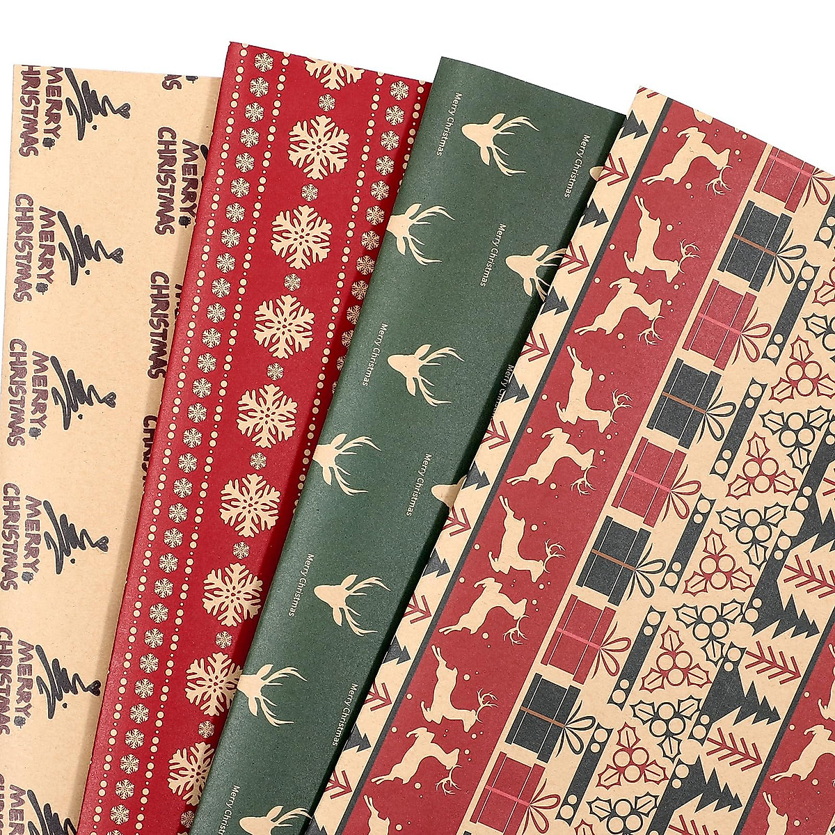 PlandRichW Christmas Wrapping Paper 12 Sheets of Folded Brown Kraft Paper with Red and Green, Greetings, Snowflakes, Reindeer, Christmas Tree Elements Series, 20 X 29 Inches Each