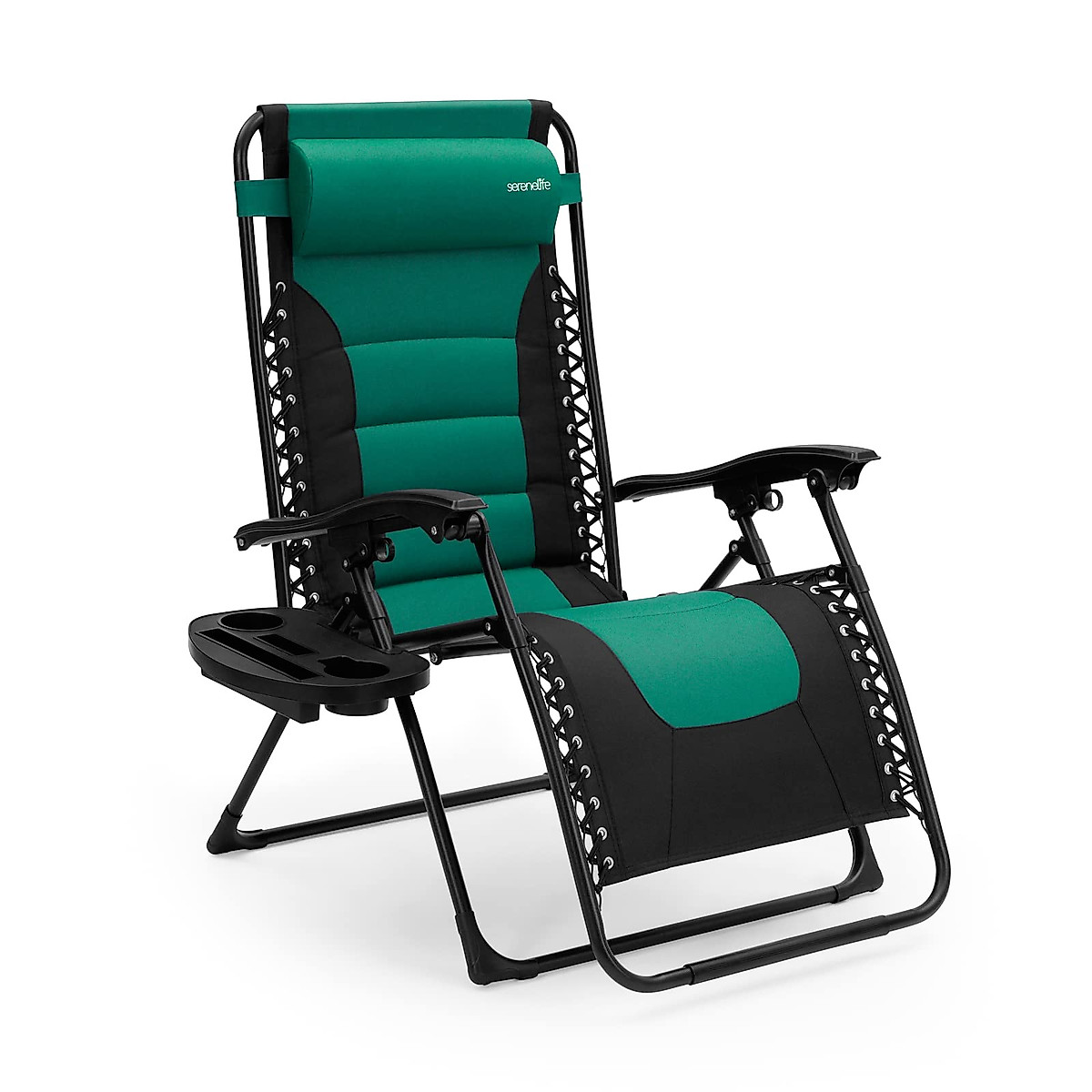 SereneLife SL1ZGRCP36.5 Outdoor Foldable Padded Zero Gravity Lawn Chair-Adjustable Recliners with Plastic Cup Holder Side Table and Pillow (Green and Black)