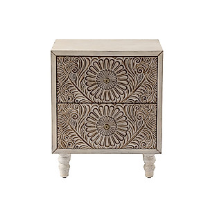 HOMPUS Nightstand, Rustic End Table with 2 Pattern Carved Drawers, Vintage Night Stand with 4 Wood Legs, Small Dresser for Bedroom, Living Room, Light Grey Grain