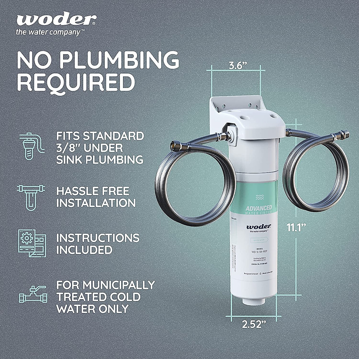 Woder WD-S-5K-ADV-DC Water Filter w. Under-Sink Connection to Main Faucet - WQA Certified High Capacity 5,000gal - Removes Chlorine, Lead, Chromium 6, Heavy Metals, Contaminants and Odors - USA Made