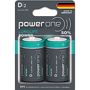 Power ONE LONGLIFE Power D Battery | Long Performing Alkaline Batteries Made in Germany with Up to 10 Years Shelf Life - Pack of 2