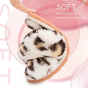 ISZPLUSH Girl's Fluffy Slippers Kids' Fuzzy Slippers Slide Sandals Leopard Tie Dye Cross Band Plush Open Toe Slip on House Bedroom Slippers (12.5-13.5 Little Kids, White Leopard, numeric_12_point_5)