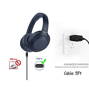 USB C Charger Cable Compatible for Sony WH-1000XM4 WH-1000XM3 WF-1000XM4 WH-XB900N WH-CH510 WI-1000XM2 WI-C200 WI-XB400, WF-1000XM3, AKG Y400 Y600NC Headphones Adapter Charging Cable power cable (5FT)