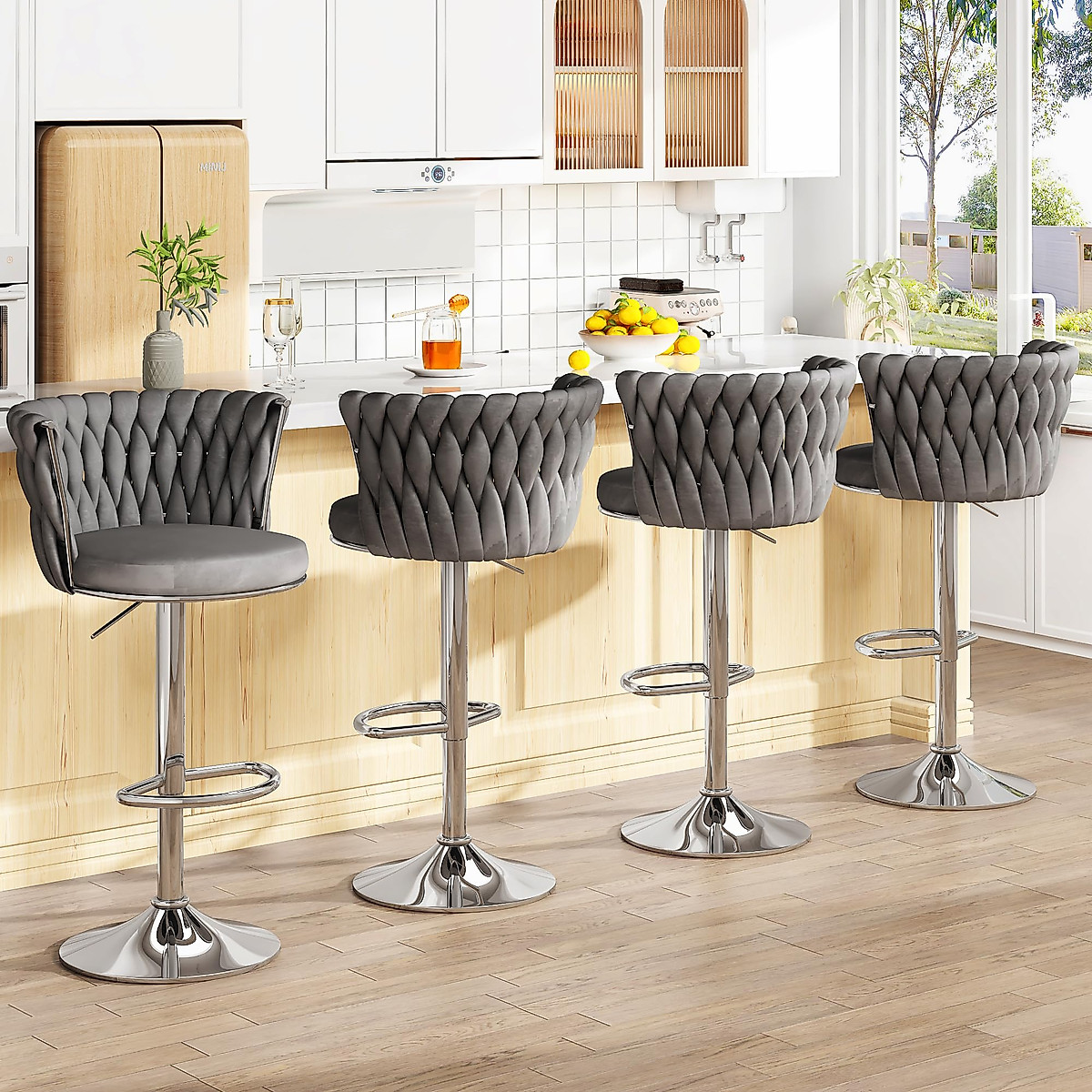 Lamerge Velvet Bar Stools Set of 4,Modern Swivel Bar Chairs Counter Height Barstool,Adjustable Barstools with High Backrest,Upholstered Kitchen Island Chairs,Grey
