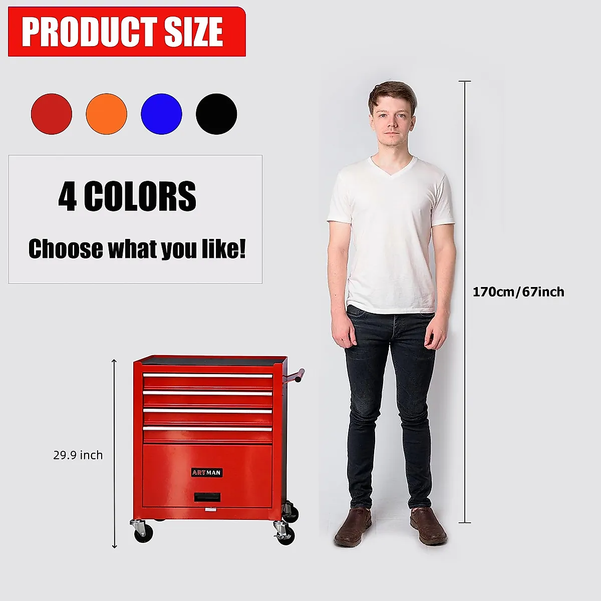 nifoti 4 Drawers Tool Cart on Wheels,Rolling Tool Box Tool Storage， Drawers Rolling Tool Box Organizer Tool Case for Garage, Warehouse, Workshop, Repair Shop (4 Drawers(Red))