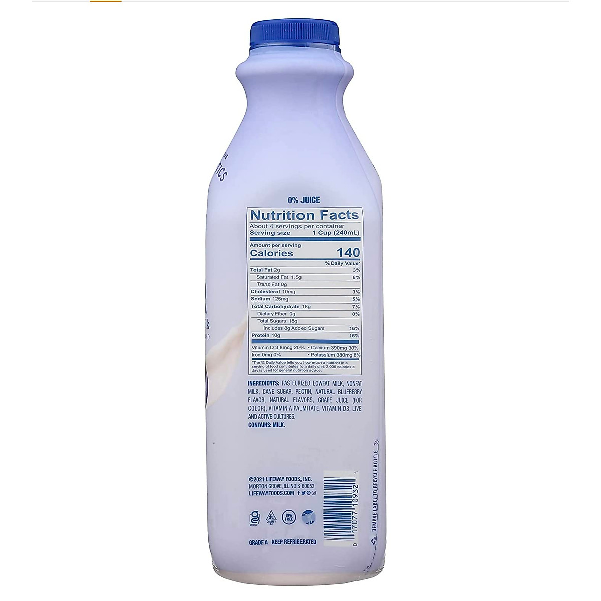 Lifeway Low Fat Kefir - 10g Protein, 12 Live Active Probiotic Cultures, Up to 99% Lactose Free, Gluten Free – Blueberry, 32 oz