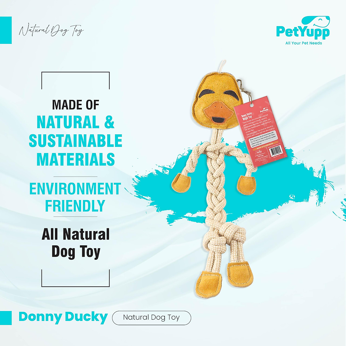 PetYupp Natural Cotton & Jute with Genuine Leather Rope Dog Chew Toy - 16" Long - Interactive Dog Toy for Teething Puppies, Small, & Medium Size Dogs, Promote Dental Health (Donny Ducky)