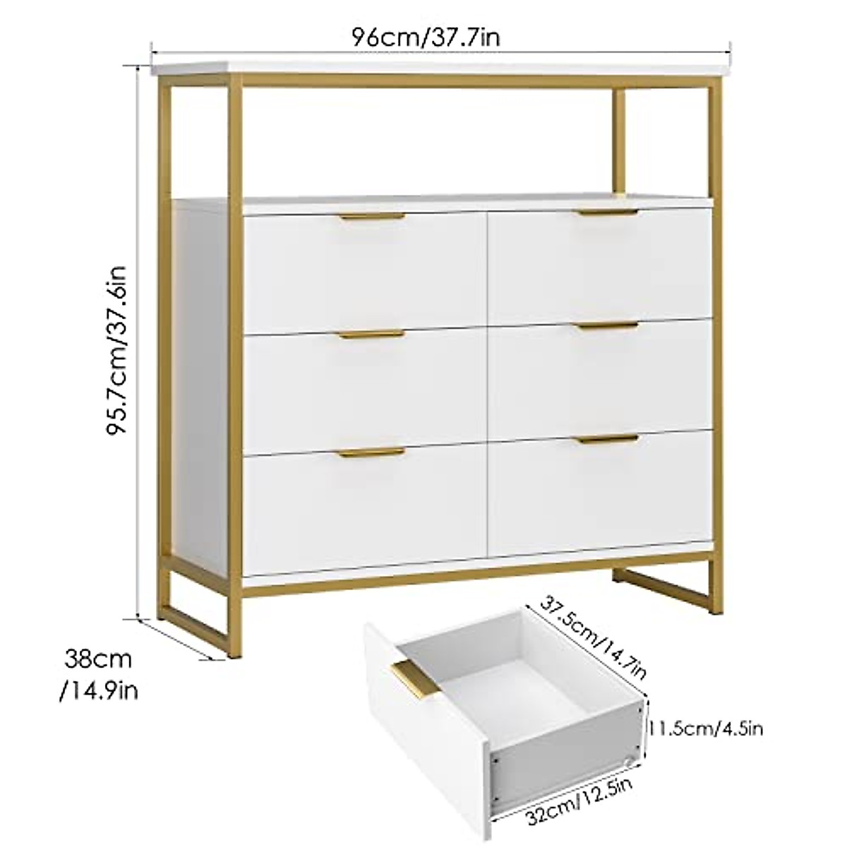 FACBOTALL Modern White Dresser, 6 Drawer Dresser with Shelf, Wood Chest of Drawers with Sturdy Steel Frame, Large Capacity 6 Drawer Dresser for Living Room Home