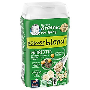 Gerber Organic for Baby Power Blend Probiotic Cereal, Oatmeal Chickpea Banana & Chia Cereal, Organic & Non-GMO Baby Cereal, 8-Ounce Canister (Pack of 3)