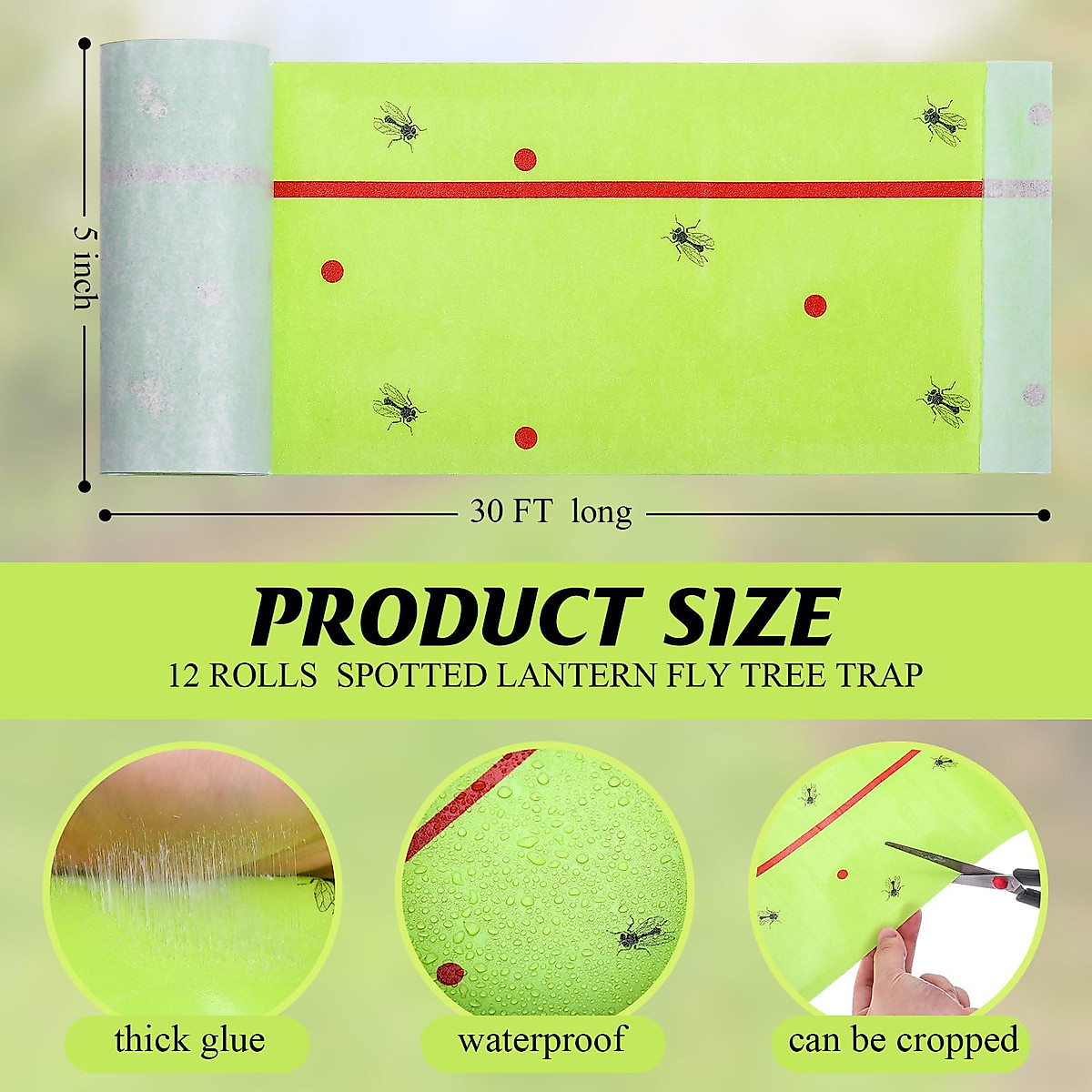 Qualirey 6 Rolls Spotted Lantern Fly Traps 30 Feet Each Roll Fly Tree Trap Sticky Fly Strips Outdoor Fruit Fly Glue Trap Disposable Fly Tree Tape Indoor Fly Paper Sheets for Protecting Trees (Green)