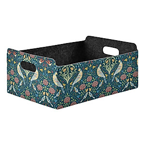 Oyihfvs William Morris Art Vintage Flowers and Birds on Dark Blue Rectangle Foldable Felt Storage Bin, Collapsible Cube with Handles Thick Fabric Box Organizer Clothes Supplies for Home Bedroom