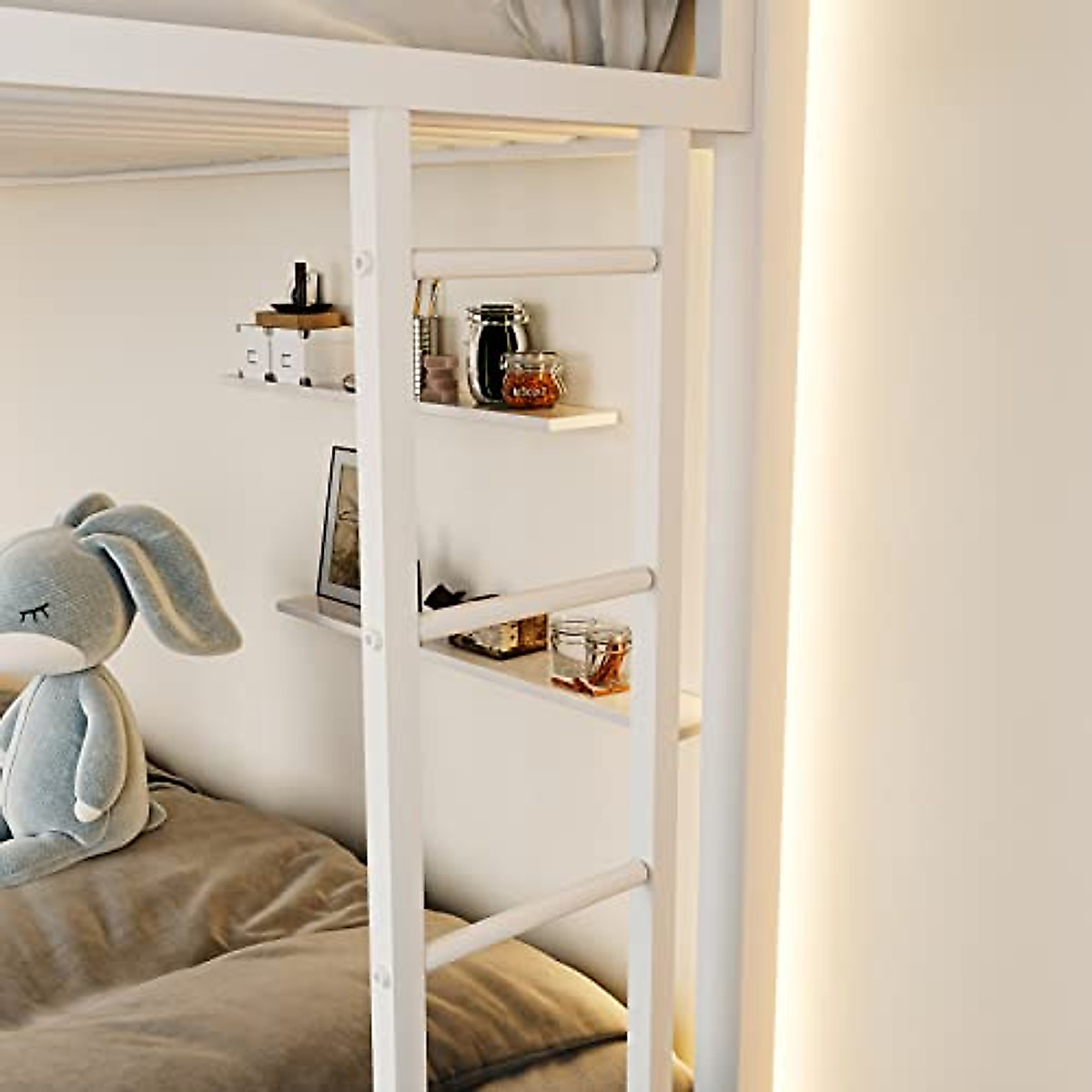 ikalido Metal Bunk Bed, Twin Over Full Size Beds with Sturdy Guard Rail & Removable Ladder, Space-Saving/Noise-Free/Matte White