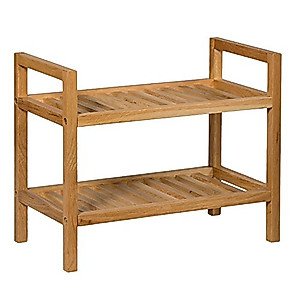 Solid Wood Oak Shoe Rack Organizer with 2 Shelves Hallway Wooden Small Stackable Shoes Storage Stand 2 Tier Fits 4 Pairs Rustic Country Farmhouse Design Space Saving Hall 2 Tiers Home Durable Brown