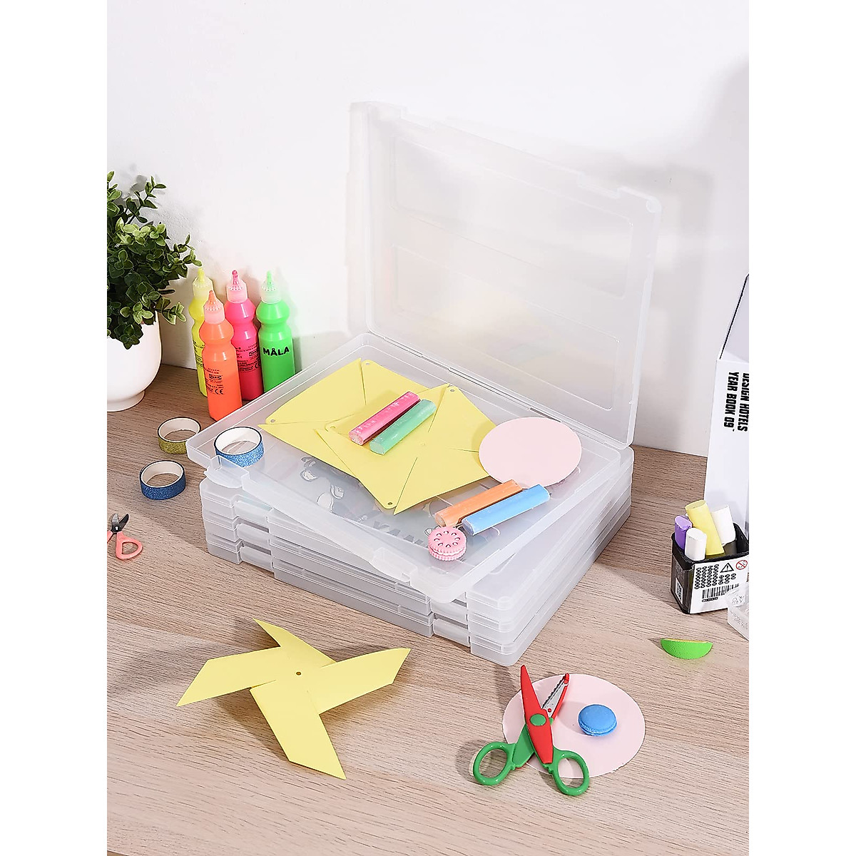 Denkee 4 Pack A4 File Portable Project Case, Plastic Storage Box for 8.5" x 11" Letter A4 Paper, Documents Magazines Paper Protector, Office School Supplies Accessories Storage Organizer Boxes (12.2 x 8.9 x 0.71 in)