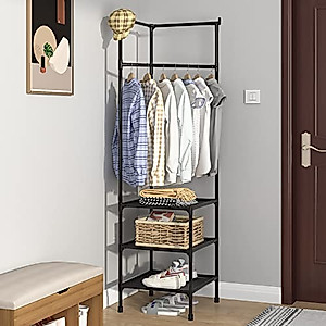 MOYIPIN Coat Rack Freestanding Closet Organizer,Simple Hall Tree with 3 Storage Shelves, Corner Storage Organizer, for Entryway, Bedroom, Black