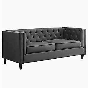 Mixoy Velvet 3-Seater Sofa, 77" Mid-Century Modern Sofa Furniture with Tufted Button, Upholstered Sofa Couch for Living Room, Bedroom (Sofa, Dark Grey)
