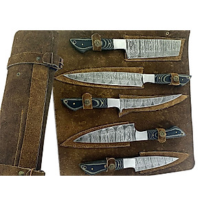 Professional Kitchen Knives Custom Made Damascus Steel 5 pcs of Professional Utility Chef Kitchen Knife Set with Chopper / Cleaver with Pocket Case Chef Knife Roll Bag - BW-4160