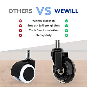 WEWILL Office Chair Caster Wheels 3" Rubber Replacement Chair Casters Up to 300KG Load Capacity Best Protection for Your Hardwood Floors and Carpet（10MM*22MM)）