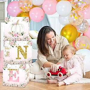 Fall Baby Shower Decorations,3Pack Little Pumpkin ONE Birthday Balloon Box Pink Autumn Flower Print for Fall Themed Photo Props Backdrop,1st Birthday Girl Decorations