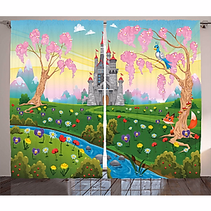Ambesonne Cartoon Curtains, Tale Castle Scenery in Floral Garden Girls Fantasy Picture, Living Room Bedroom Window Drapes 2 Panel Set, 108" X 84", Pink Blue
