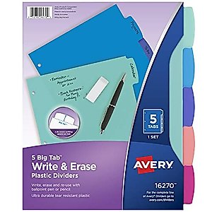 Avery Durable Plastic 5-Tab Write & Erase Big Tab Dividers for 3 Ring Binders, Pastel Brights (16270)