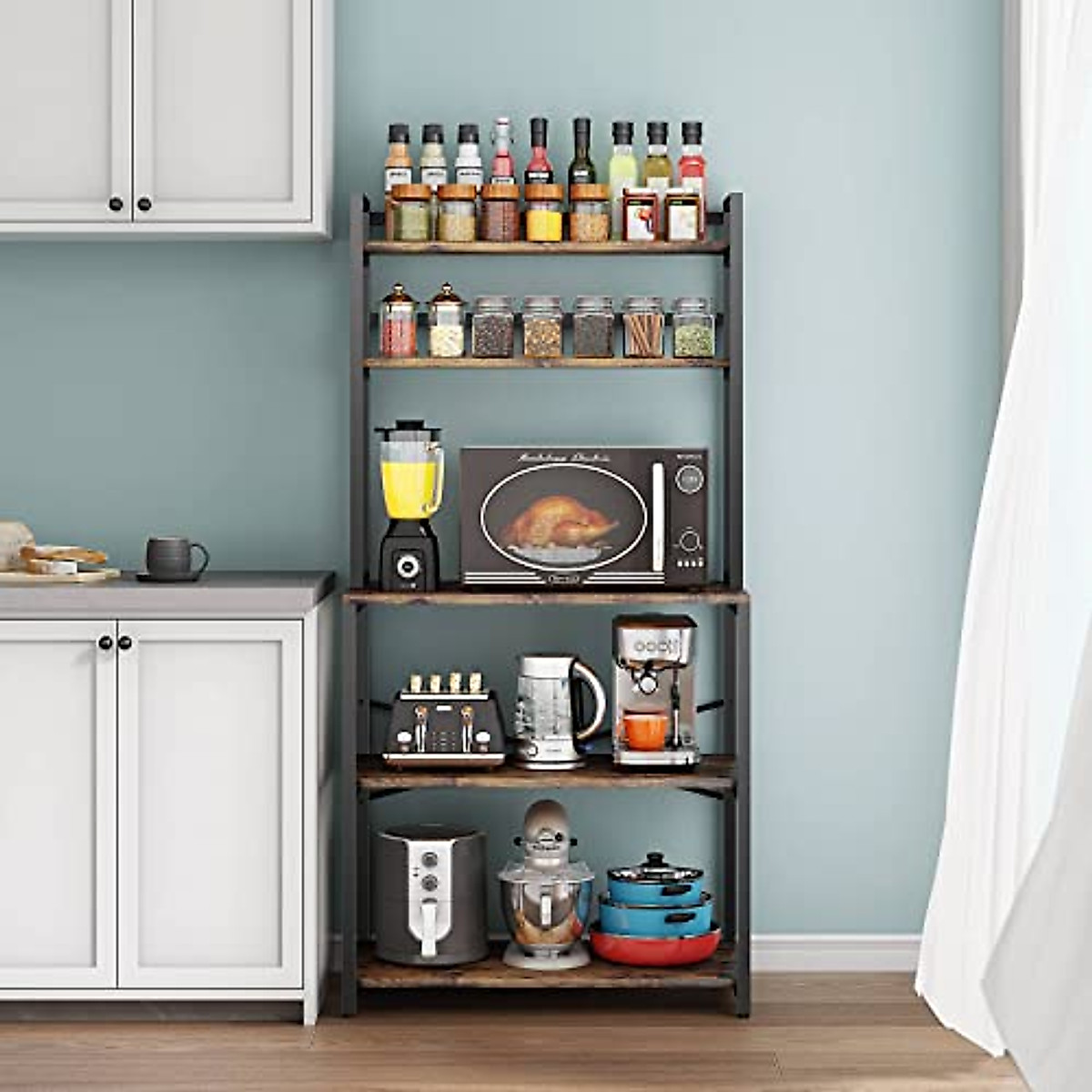 Denkee 31.5 Inch Width Bakers Rack for Kitchen, Industrial 5-Tier Microwave Stand with Storage, Freestanding Kitchen Stand Storage Shelf, Coffee Bar Station (Rustic Brown)