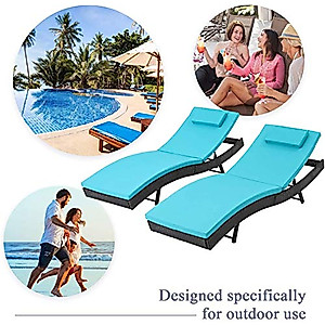 Cemeon Patio Adjustable Chaise Lounge Chair Outdoor Lounge Furniture, Black Wicker Sun Chaise with Turquoise Thick Cushion for Beach, Poolside, Yard (2 Pack)