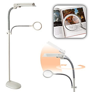 OttLite 18w EasyView Standing Floor Lamp with Optical Grade 3X Magnifier Attachment Arm & Flexible Neck - Wide Wing Shade with Modern Design for Crafting, Work, Office, Dorm Room, Sewing & Reading