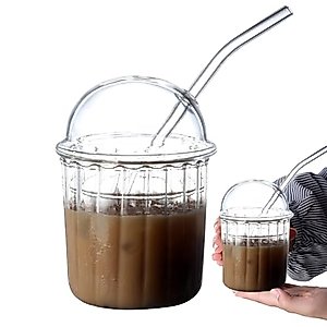 Glass Cups with Glass Dome Lid and Straws,Reusable Wide Mouth Smoothie Cups 14oz Glass Coffee Iced Cup Tumbler Glass Bubble Tea Cup for Coke Soda Home Office Bar