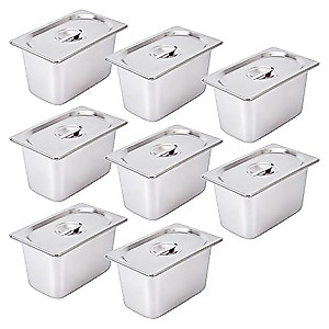 BotaBay 8 Pack Stainless Steam Hotel Pan 1/4 Size 6" Deep Steam Table Pan with Lid 0.8 mm Thick Stainless Steel Anti Jam Steam Pan Restaurant Anti Clogging Steamer for Party, Restaurant, Hotel
