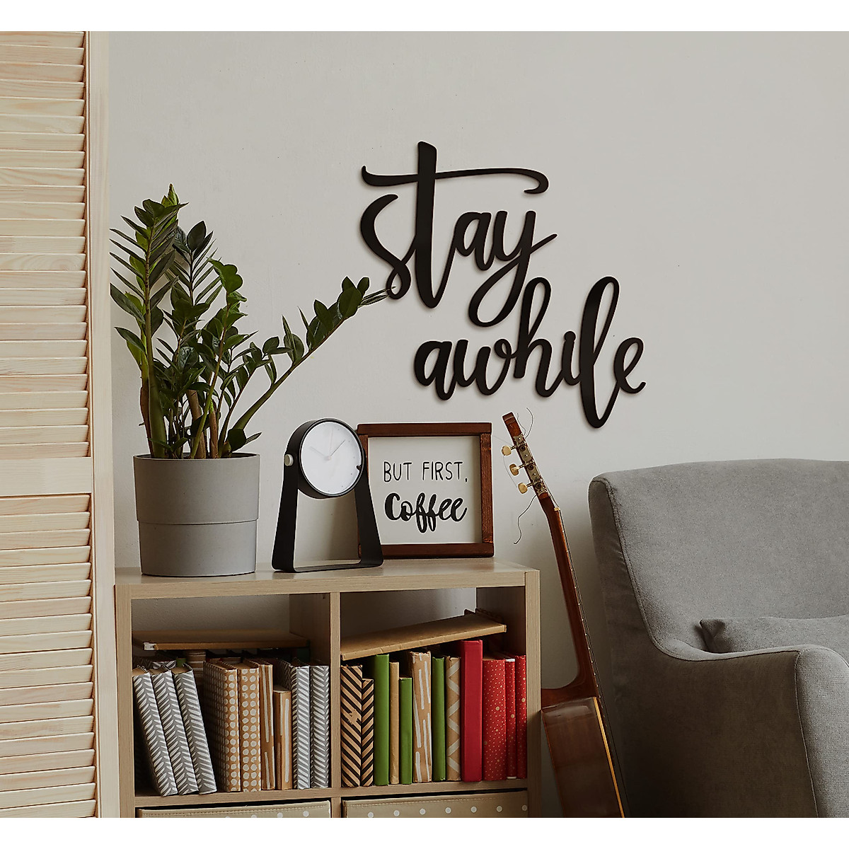 Vivegate Stay Awhile Metal Wall Art Sign - 2 Pieces Black Stay Awhile Wall signs for Home Wall Decor Entryway Wall Decor (Medium - 28"X12")