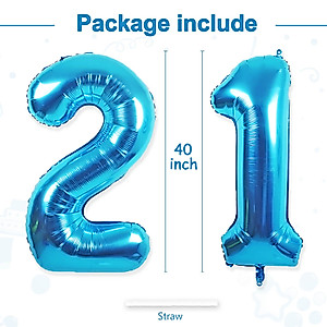 21 Balloon Number, 40 Inch Blue Foil Balloons Giant Jumbo Helium Number 21 or 12 Balloons for Boys Girls 21th 12th Birthday Decorations Anniversary Events Party Decorations (Blue)